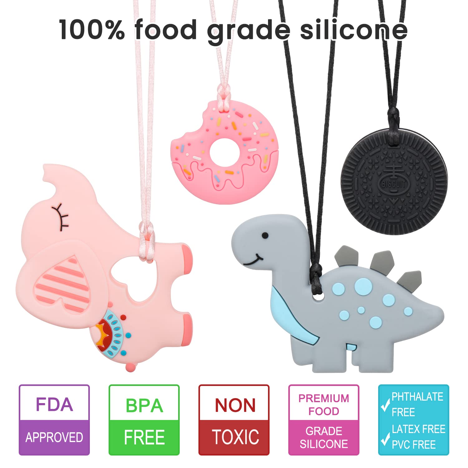 4Pcs Chew Necklaces for Sensory Kids with Teething, ADHD, SPD, Autism, Biting Needs, Oral Motor Chewy Teether, Silicone Necklace Made from Food Grade Silicone Safety, Baby Teether Toy for Boys&Girl