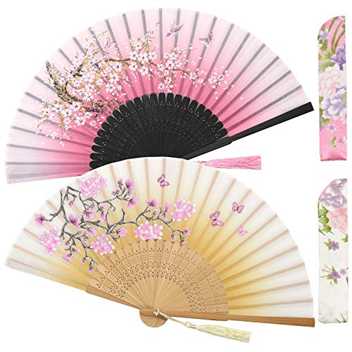 Zolee 2 Pieces Small Folding Hand Fans - Chinese Japanese Vintage Bamboo Silk Fans - for Dance, Performance, Decoration, Wedding, Party，Gift (0301)