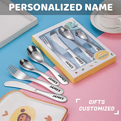 AIPNIS Personalized Kids Silverware 4 Piece Set,Custom Name Engraved Toddlers Tableware Set,Safe Reusable Child Cutlery Flatware Includes Fork Knife Table Spoons for Eating With Gift box