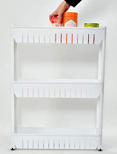 Home-X Slim 3-Tier Rolling Cart for Laundry Room and Bathroom Organization, Space-Saving Storage with Shelves and Wheels, Small Pantry Shelf, Narrow Organizer, White Shelving Unit