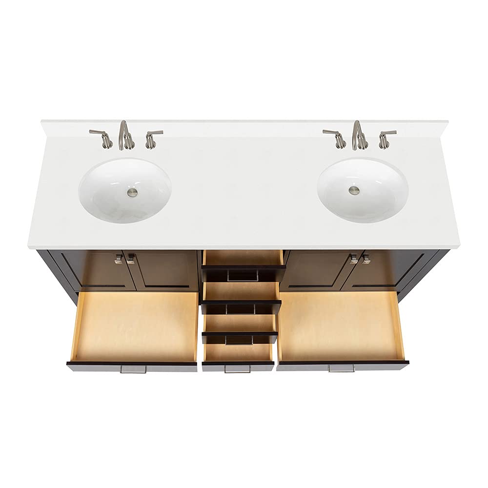 ARIEL Double Bathroom Vanity 73" Espresso with 1.5" Edge Pure White Quartz Countertop & Backsplash, Center Oval Sinks, 4 Soft Closing Doors, 6 Full Extension Dovetail Drawers, Brushed Nickel