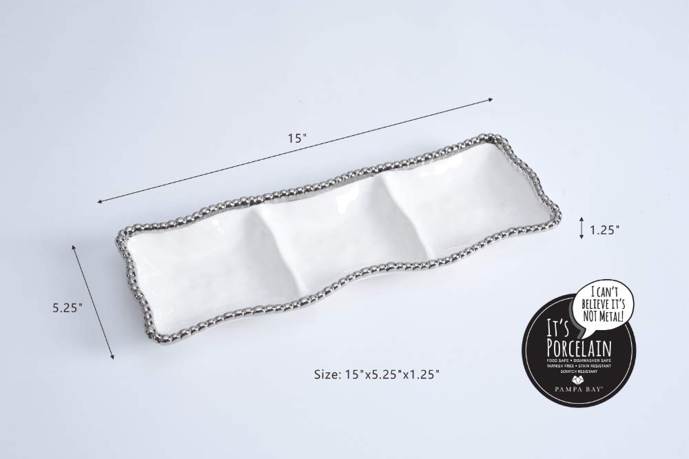 3-Section Serving Piece Porcelain with Silver Trim
