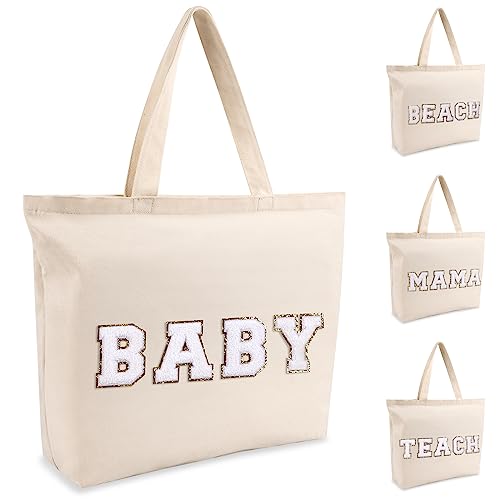 Chenille Letter Canvas Tote Baby Bag for Mom, Large Preppy Patch Shoulder Handbag with Zipper Handle, Cute Makeup Bag Portable Diaper Tote Hospital Bags Essentials for Labor and Delivery Gift(BABY)