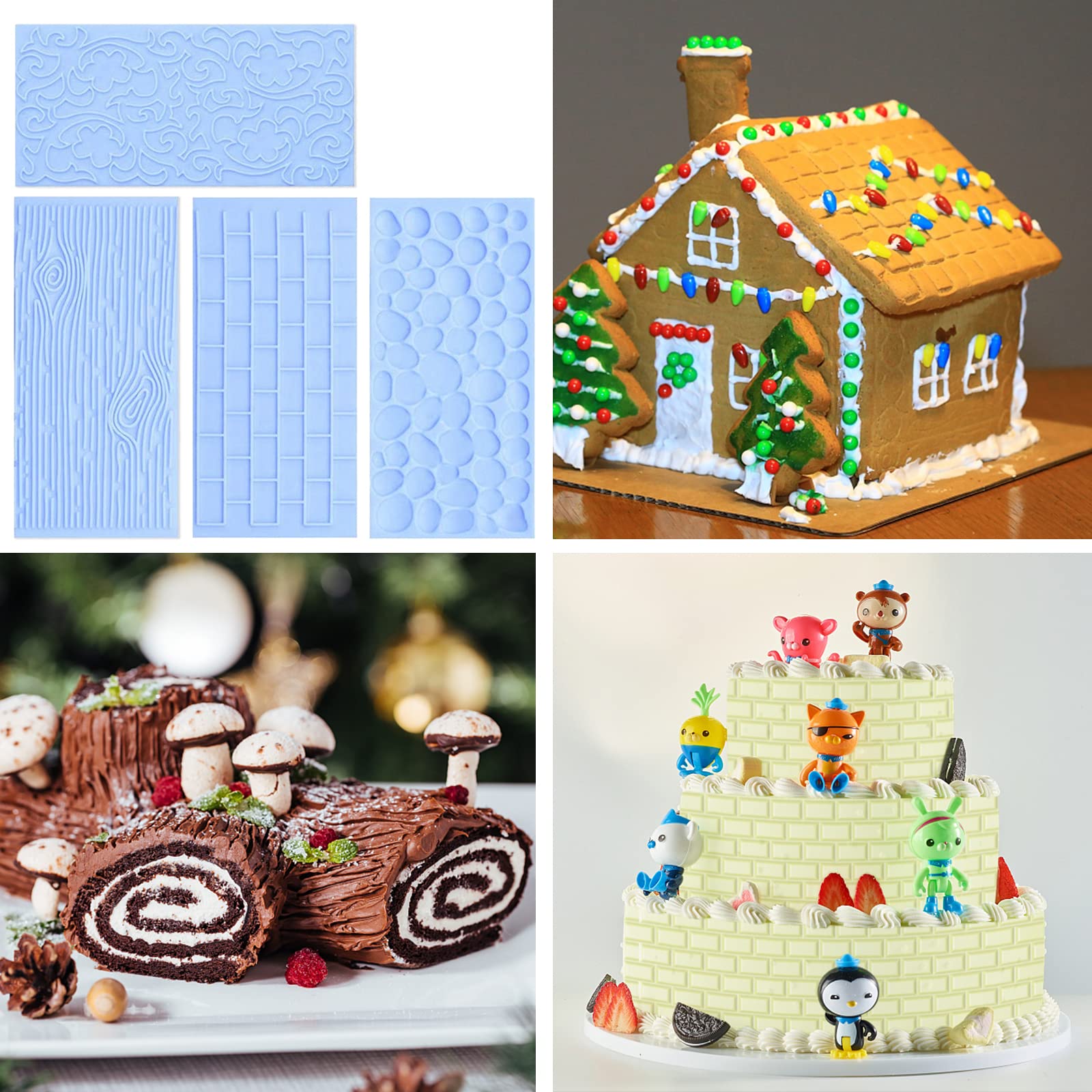 6 Packs Fondant Impression Mat Mold Set Fondant Molds for Cake Decorating, Embossed Tree Bark/Brick Wall/Flower/Cobblestone/Stone Wall Flower Vine Lace Texture Design