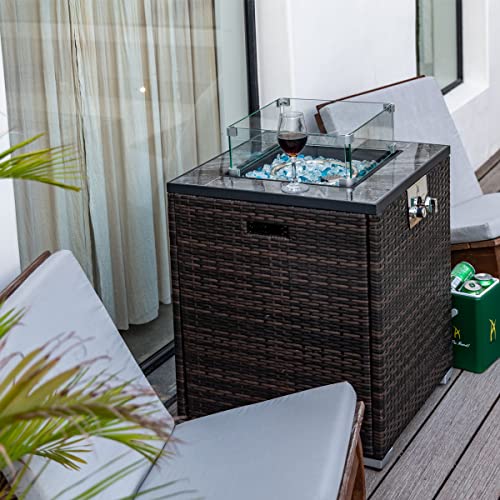 AJ Enjoy 24in Outdoor Propane Gas Fire Pit Table, 40,000 BTU Auto-Ignition Gas Firepit with Glass Wind Guard, Marble Tile Tabletop, Mixed Color Glass Rocks, Brown PE Rattan