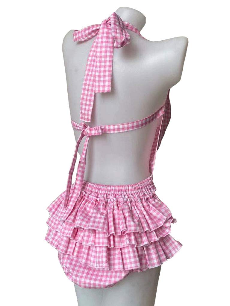 Haian ABDLPrint Cotton Snap Through Crotch Ruffle Rhumba Romper (Large, Pink Gingham Print Cotton)