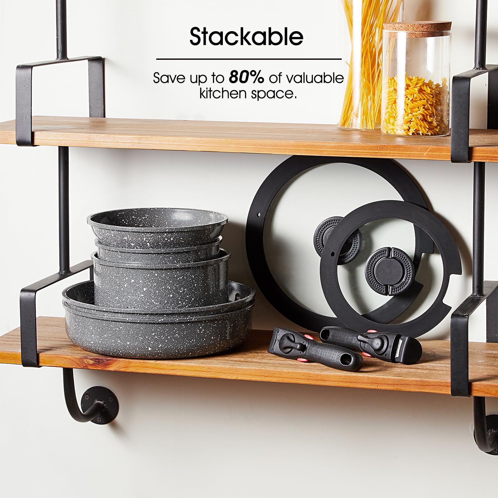 ROSSETTO 7pcs Pots and Pans Set Non Stick from France, Ceramic Cookware Set with Removable Handle, Induction RV Kitchen Cookware Set, Stackable, PFOA and PFAS Free, Oven Safe, Black Granite