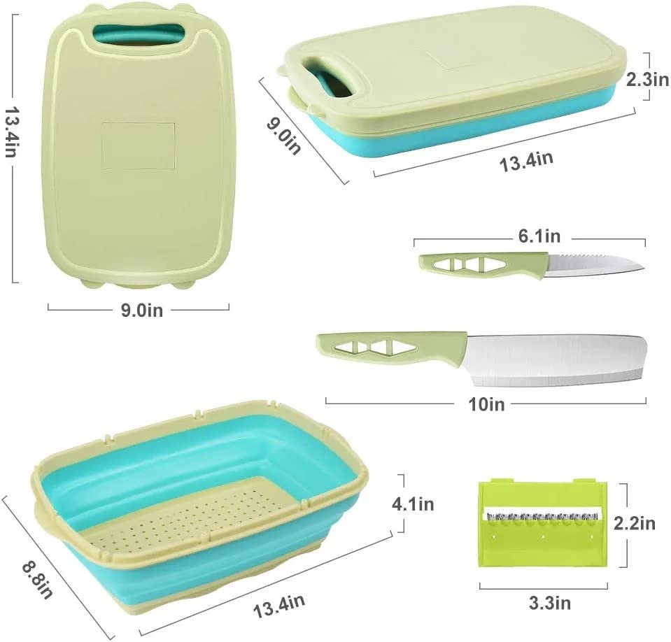 AJH3 ESSENTIALS 9-in-1 Collapsible Cutting Board with Colander and Prep Tub: The Ultimate Meal Prep Station for Any Occasion (Blue/Green)