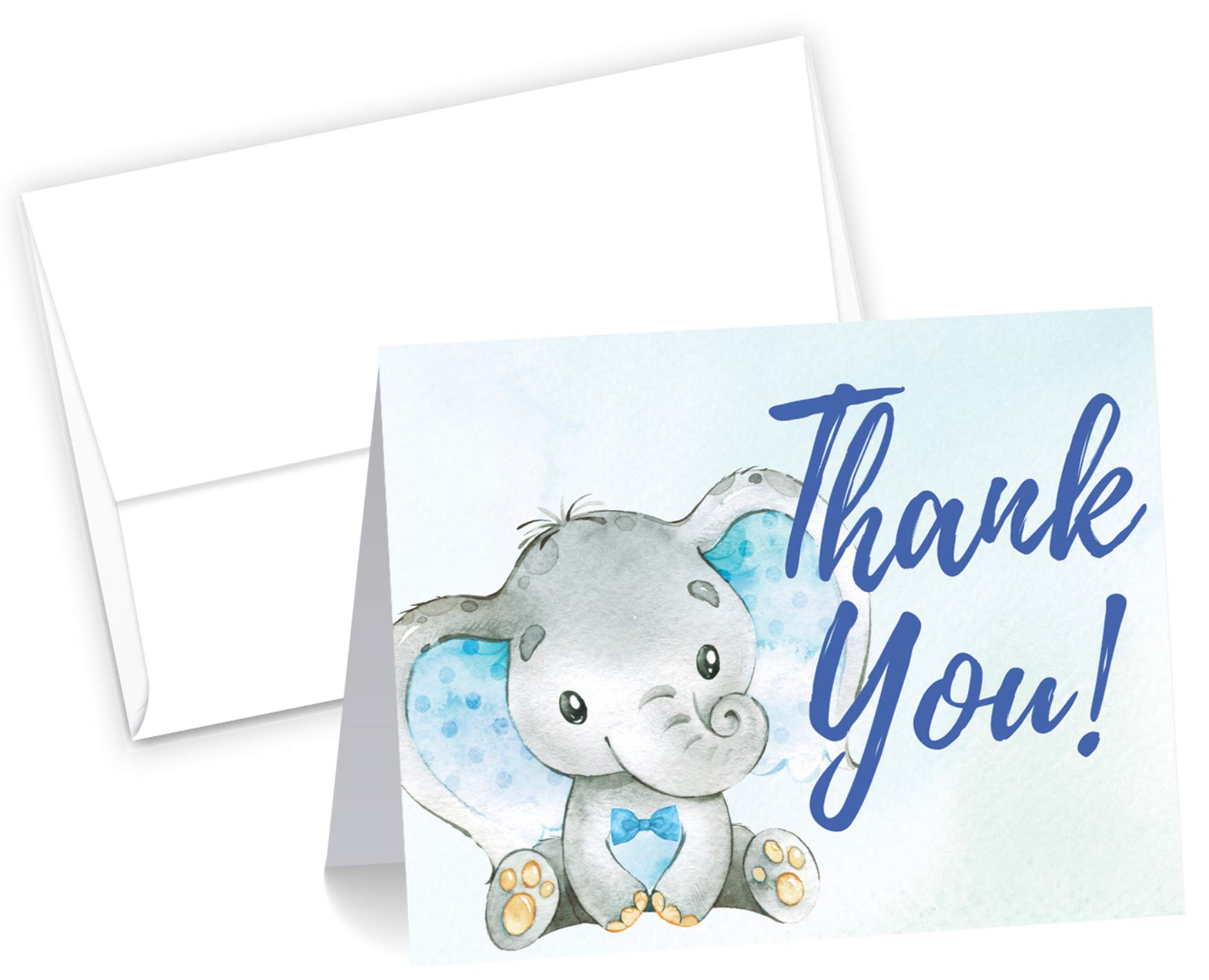50 Blue Watercolor Boy Elephant Cute Baby Shower Thank You Cards, Double Sided Blank Inside with Envelopes- Made in the USA