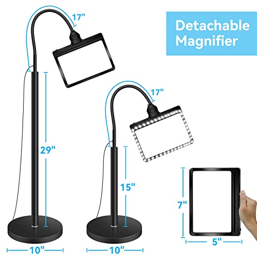 5X Floor Magnifying Glass with Light and Stand,36 LED Flexible Gooseneck Magnifying Lamp,3-in-1 Adjustable Brightness Large Lighted Magnifiers for Reading,Sewing,Crafts,Painting,DIY & Close Work Black