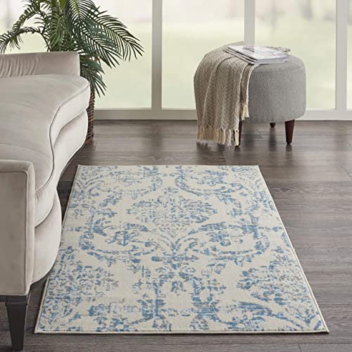 Nourison Jubilant Damask Ivory/Blue 3' x 5' Area -Rug, Easy -Cleaning, Non Shedding, Bed Room, Living Room, Dining Room, Kitchen (3x5)