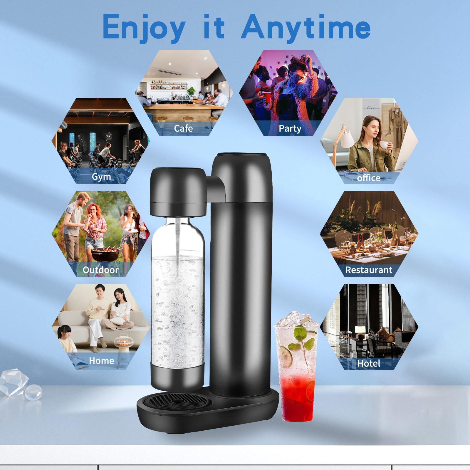 spoonlemon Sparkling Water Maker, Soda Streaming Machine for Home Use, Carbonated Water Machine with BPA Free 1L PET Bottle, Compatible with Any Screw-in 60L CO2 Exchange Carbonator, Black