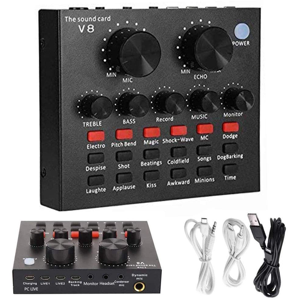Bluetooth Sound Mixer Board, V8 Sound Card, for Live Streaming with Effects, for Music Recording Karaoke Singing Broadcast on Cell Phone Computer Laptop Tablet