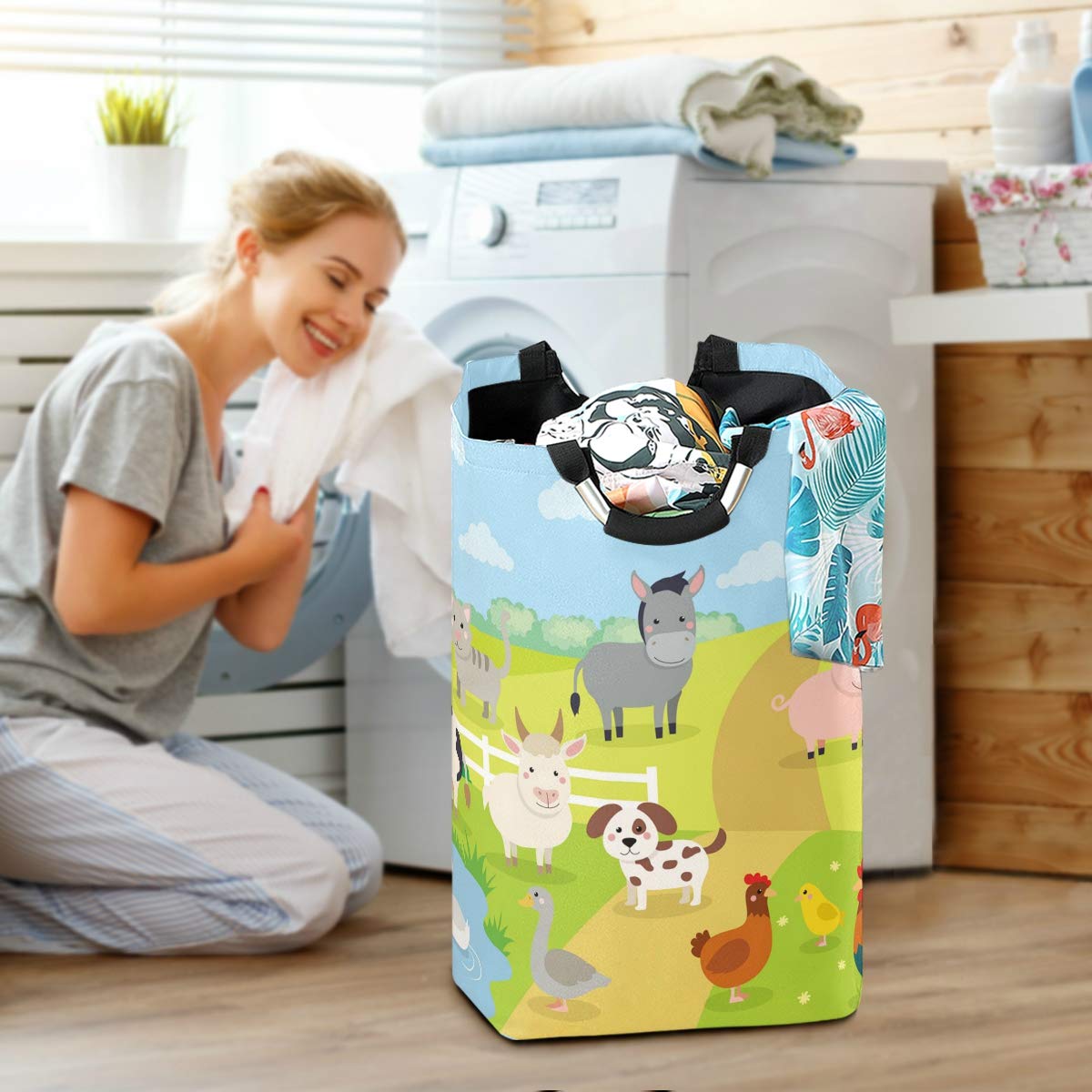 senya Farm Animals Large Laundry Basket Shopping Bag, Collapsible Fabric Laundry Hamper, Foldable Clothes Bag, Folding Washing Bin (e5)