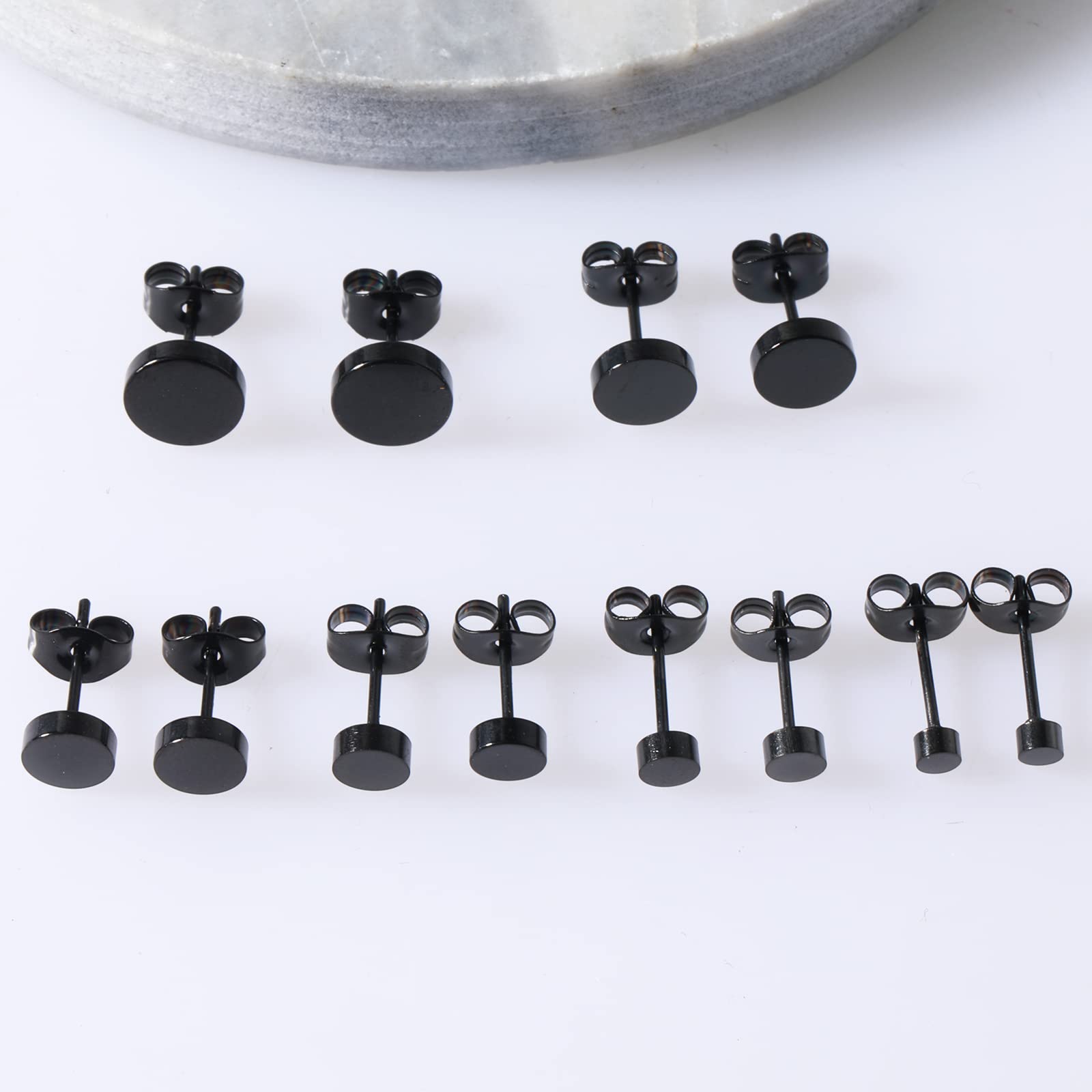 6 Pairs Dot Stud Earrings Unisex Stainless Steel Ear Studs Black Round Flat Top Stud Earrings Set for Women Men (3 mm-8 mm)