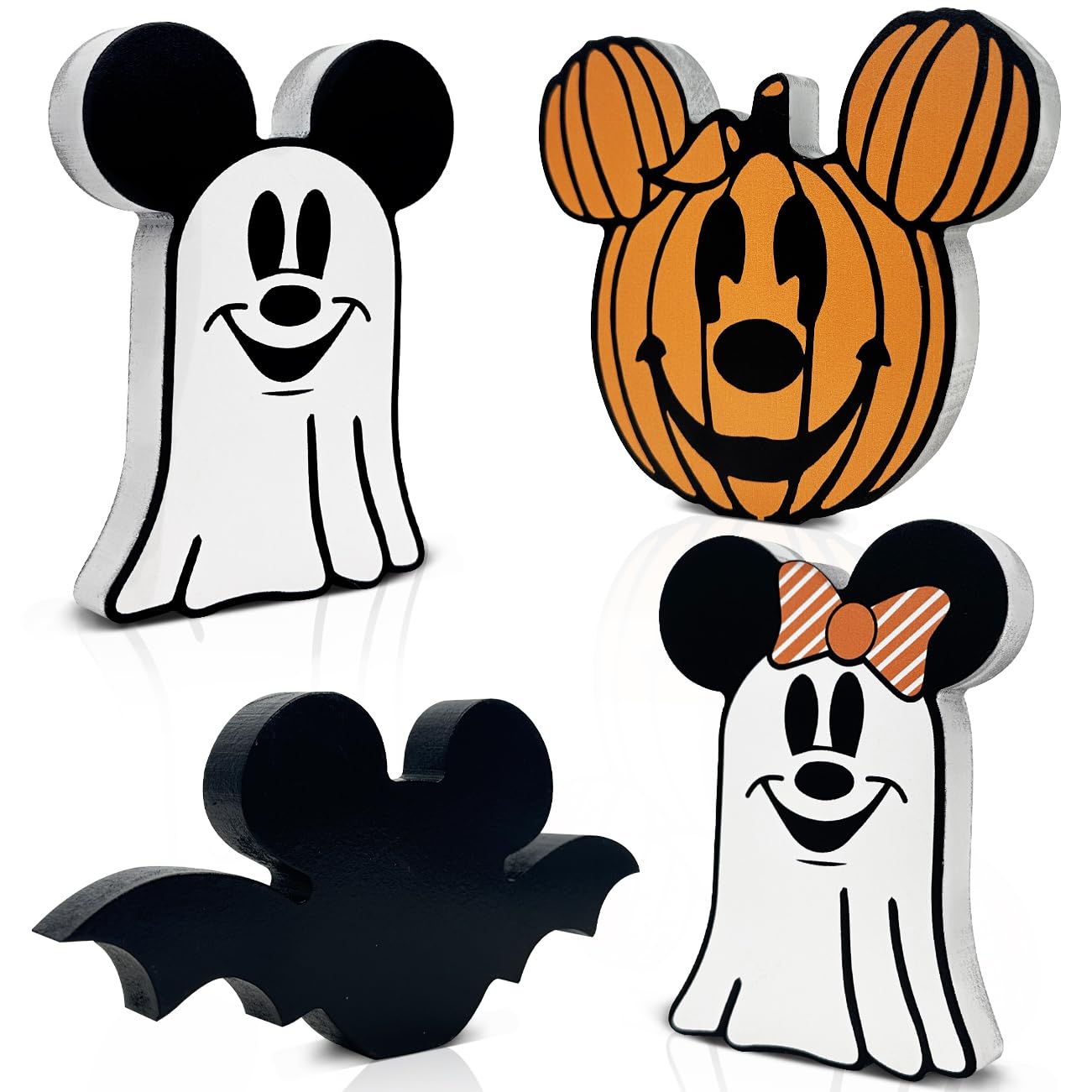 4pcs Ghost Halloween Decorations for Indoors, Cute Mouse Spooky Centerpiece Table Decorations, Wooden Bat Pumpkin Tiered Tray Decor, Wooden Table Decor for Home Halloween Party