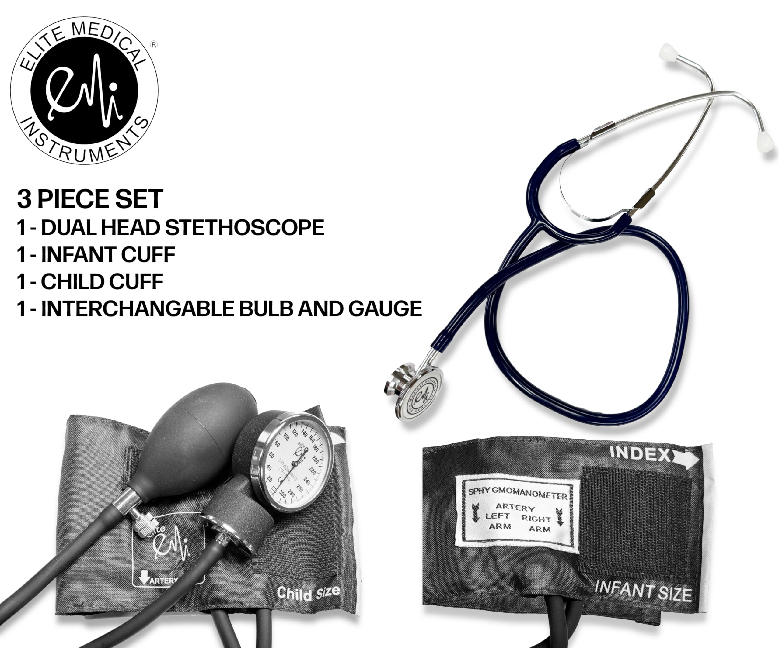 EMI #311 Pediatric 3-Piece Combination Set – Includes Pediatric Aneroid Sphygmomanometer, Infant Aneroid Sphygmomanometer, and Basic Dual Head Stethoscope - Black