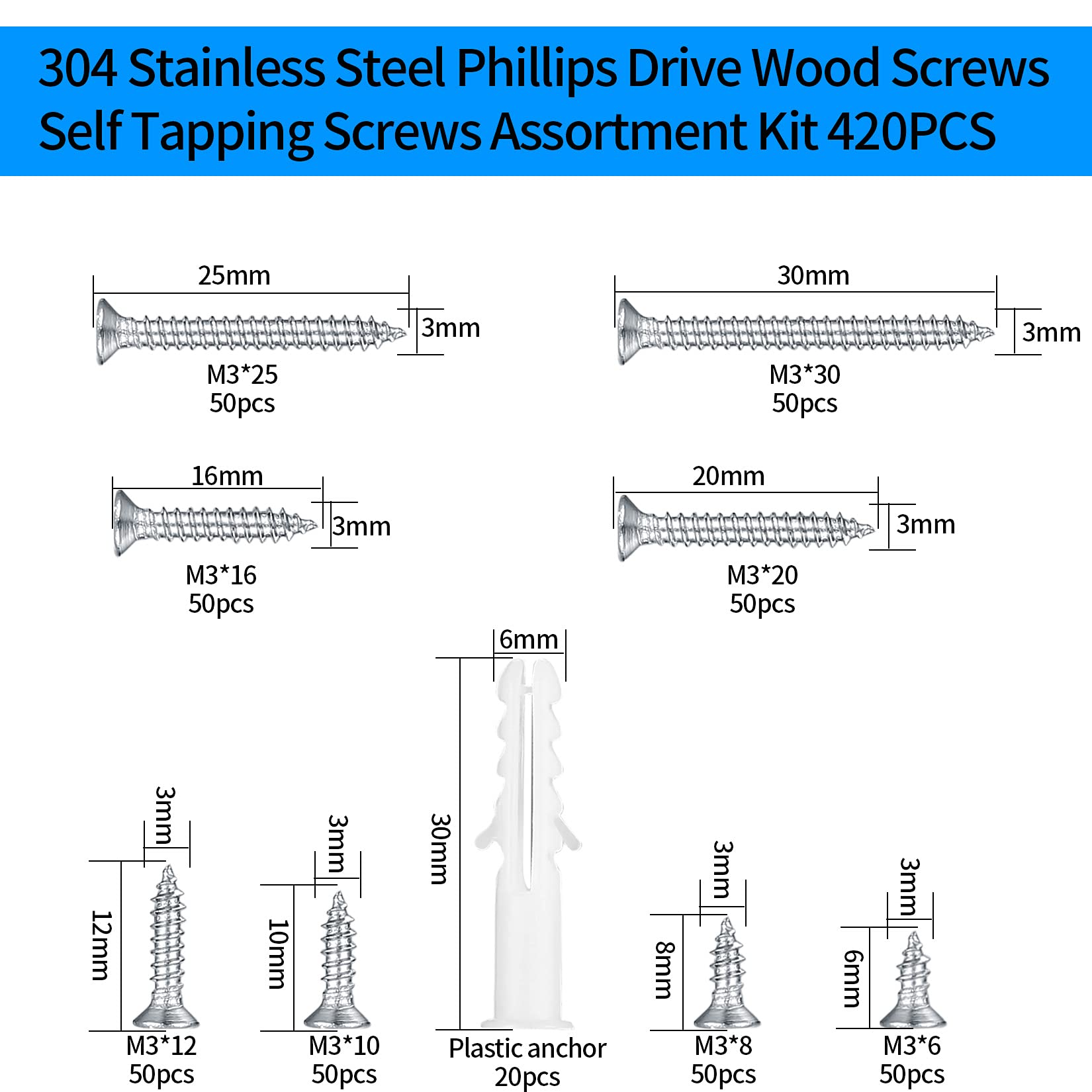 420 Pcs M3 Self Tapping Wood Screws Assortment Kit, Silver Flat Head Wood Screws Fasteners Set, Phillips Drive Countersunk Head Cabinet Drywall Screws for Wood, with 20 Pcs M6 Screw Anchors