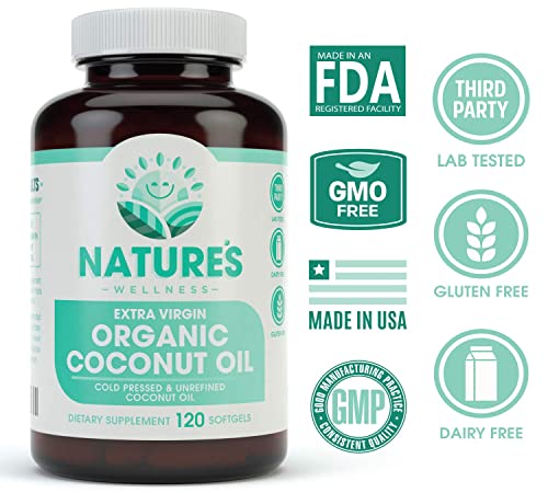 Natures Wellness Organic Coconut Oil 2000mg - Healthy Skin, Nails, Hair Growth – Extra Virgin, Cold Pressed, Unrefined Non GMO - Rich in MCT MCFA - Support Brain Function