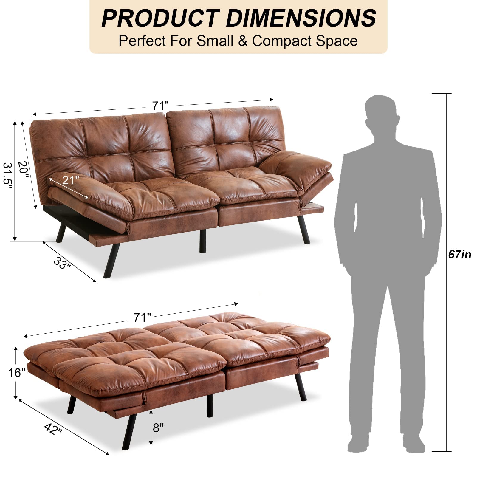 Opoiar, Memory Foam, Convertible Futon Couch, Bed, Modern Loveseat, Comfy Sleeper Sofa for Compact Space,Easy Assemble,Brown Sofabed