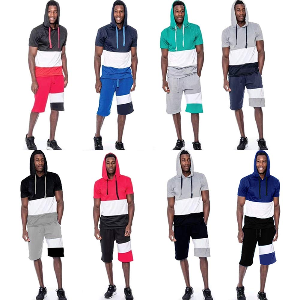 acelyn Men Casual Color Block 2 Pieces Short Set Short Sleeve Hoodies and Shorts Running Jogger Summer Sweatsuits Red Black 2XL