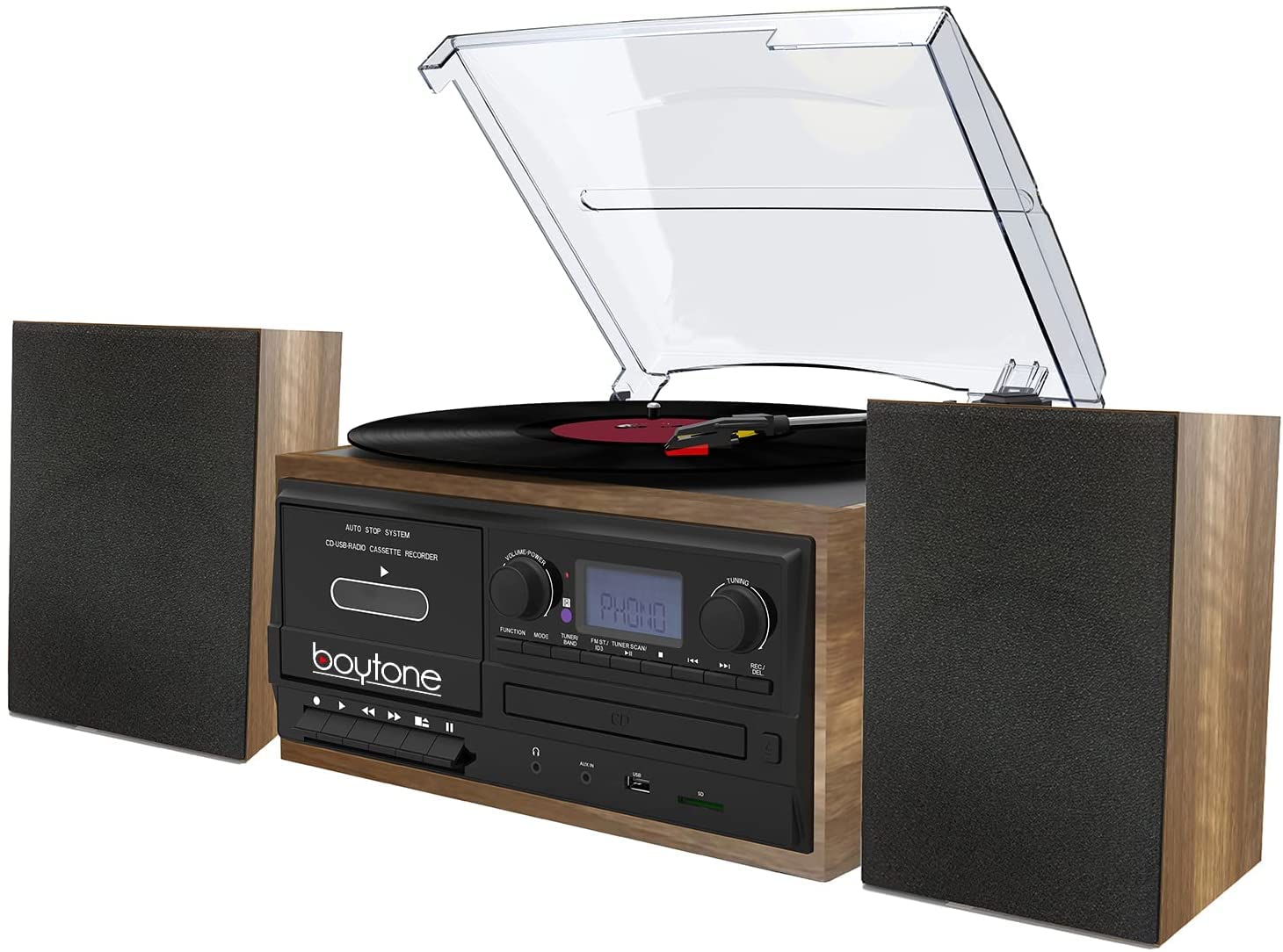 Boytone BT-58W Bluetooth Record Player Turntable with CD Player, Convert LP Vinyl, CD to MP3 Player, Cassette, AM/FM Radio, USB/SD Encoding, Remote Control, Audio Music Player Built in Amplifier