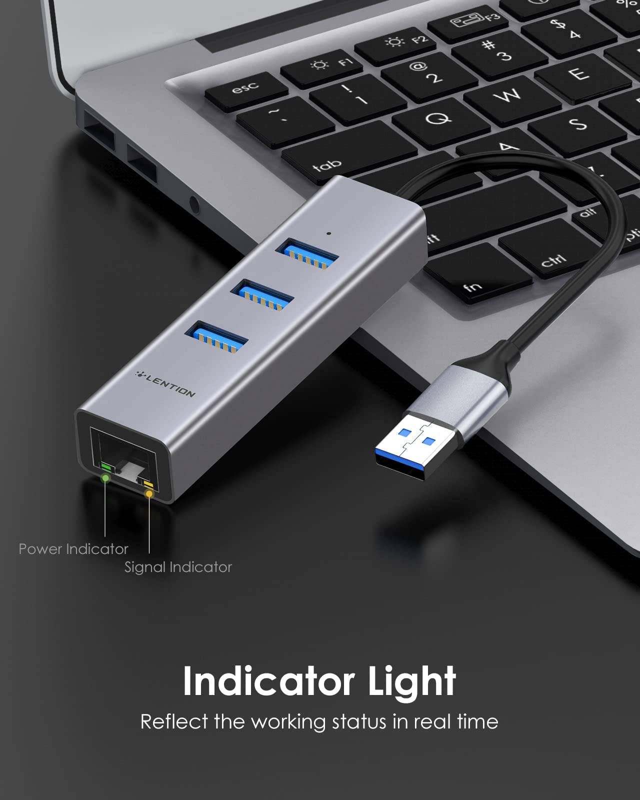 LENTION USB Hub to 3 USB 3.0 & Gigabit Ethernet LAN RJ45, Network Adapter Compatible MacBook Air/Pro (2009-2015), Surface, Chromebook, More Type A Devices, Stable Driver Certified(H23s, Space Gray)
