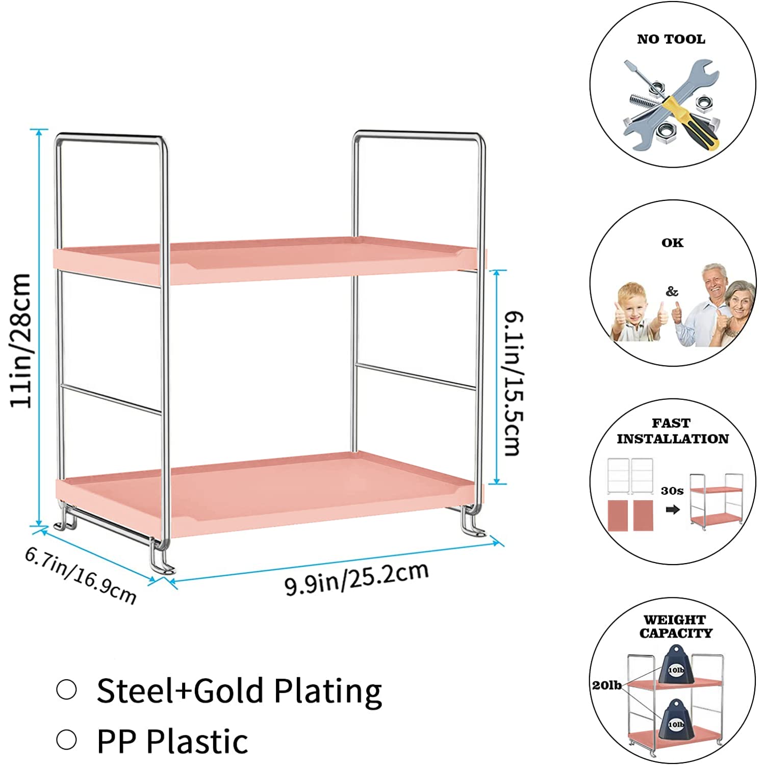kaileyouxiangongsi Cosmetic Storage Rack for Bathroom Countertop, 2-Tier Standing Shelf for Kitchen Organizer, Stackage Perfume and Bath Collection Organizer Tray (Pink&Silver)