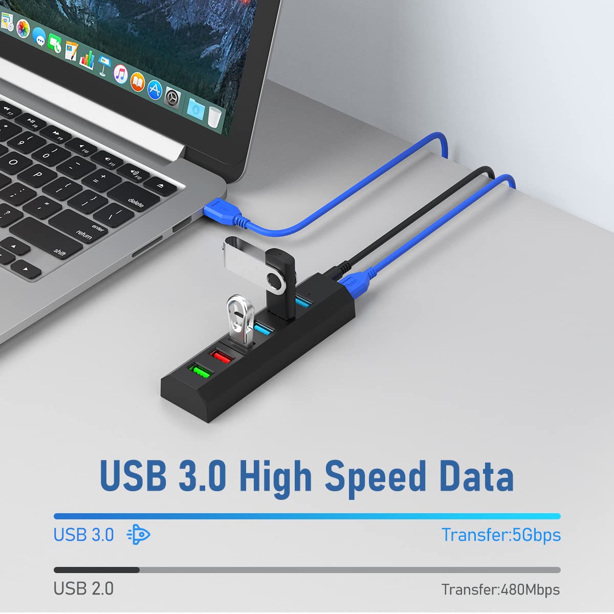 USB Hub, Aiibe 6 Ports Super High Speed USB 3.0 Hub Splitter + 24W Power Adapter + USB 3.0 Cable, Black Smart Fast Charger Powered USB Hub for Laptop, Mac, PC, Mobile HDD, Mulitple Devices