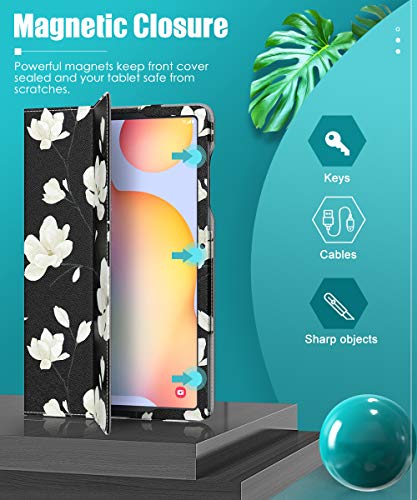 MoKo Case Compatible with Galaxy Tab S6 Lite 2020, Slim PU Tablet Shell Cover Stand Case with Auto-Wake S-Pen Holder Fit Samsung Galaxy Tab S6 Lite 10.4 2020 SM-P610/P615 ONLY - Black & White Magnolia
