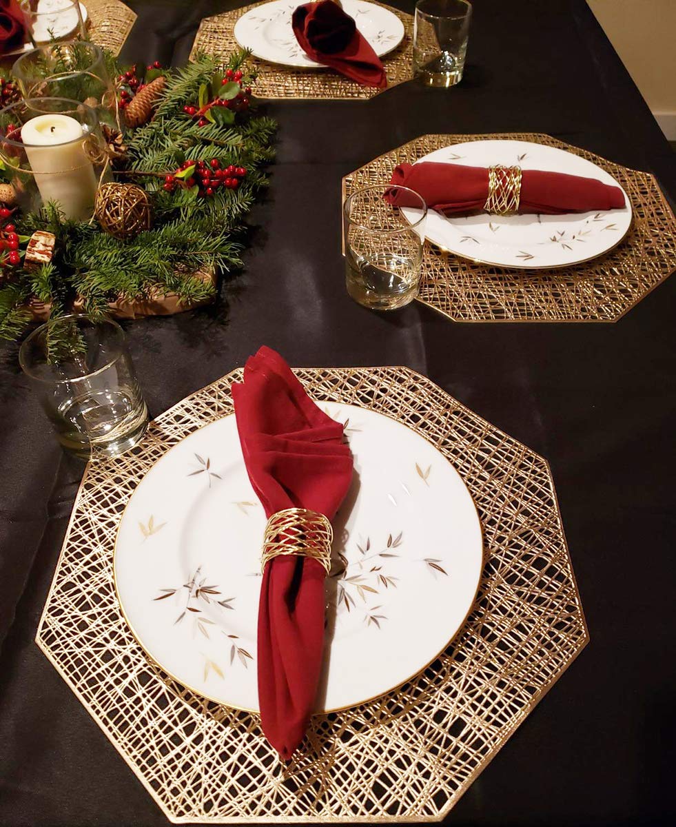 U'Artlines Octagonal Placemats Hollow Out Mats Vinyl Non-Slip Heat Insulation Kitchen Table Mats(Octagonal Gold, 6pcs)