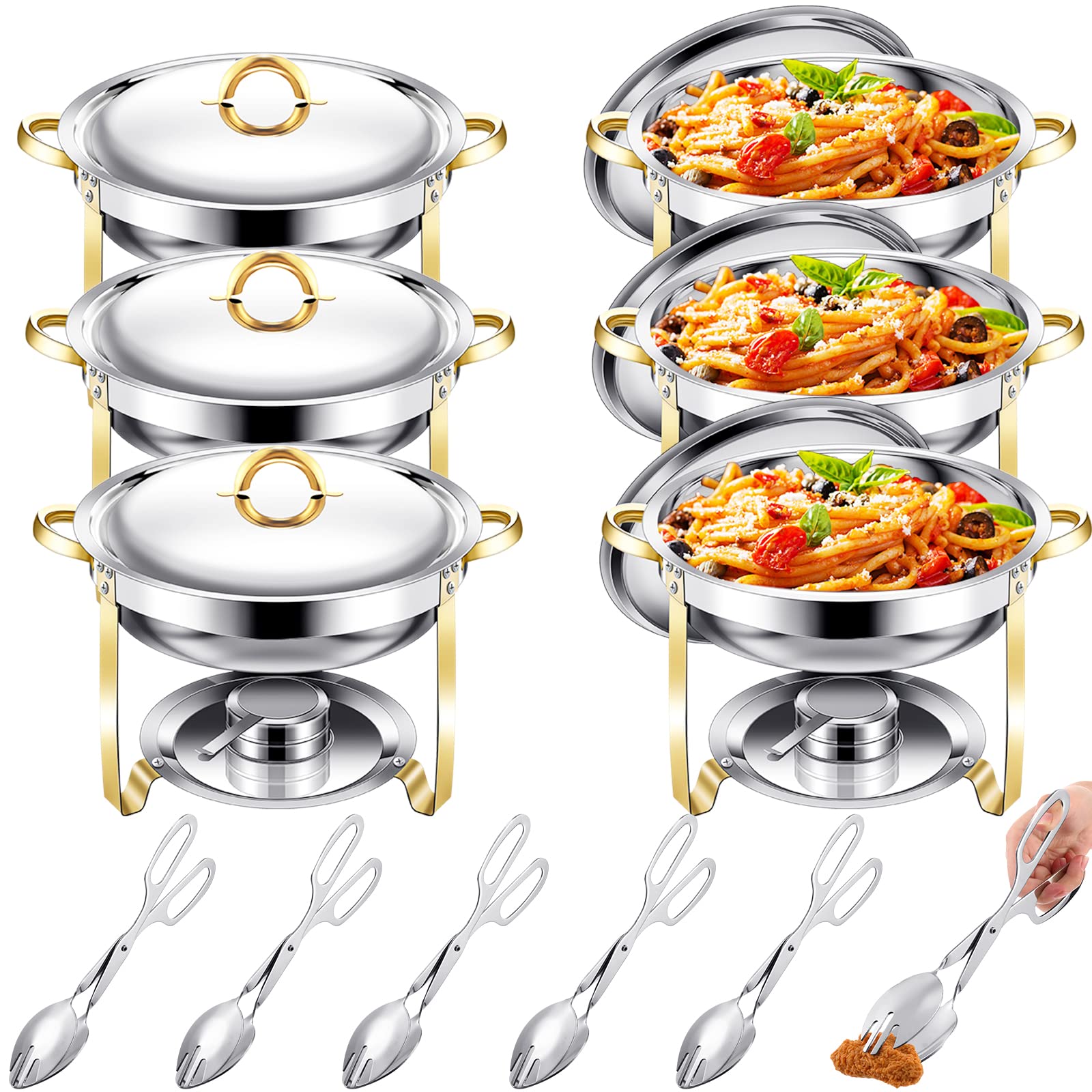 6 Pcs Chafing Dish Buffet Set with 6 Tongs, Stainless Steel Food Warmer Set, 3.7 Qt Round Buffet Server Catering Chafer Warmer with Lid for Birthday Wedding Parties, Catering, Banquets, Events