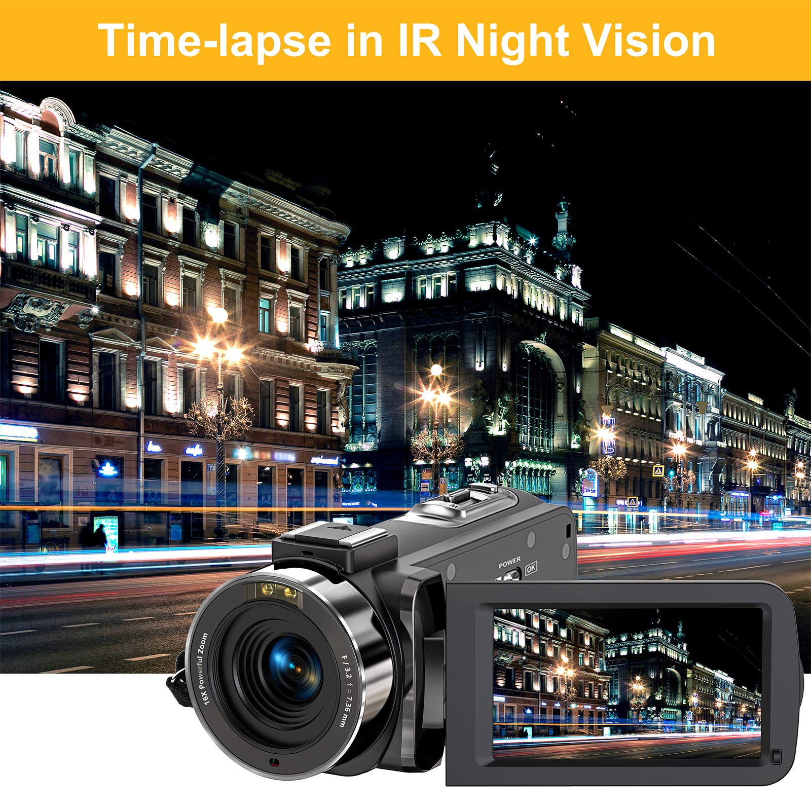 ACTITOP Video Camera Camcorder Ultra HD 2.7K 30FPS 36.0 MP IR Night Vision YouTube Vlogging Camera 3.0 Touch Screen 16X Digital Zoom with Remote Control Microphone Handheld Stabilizer 2 Batteries