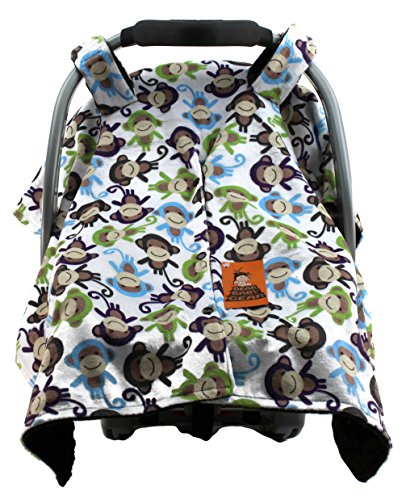 Dear Baby Gear Deluxe Car Seat Canopy - Double Layer Infant Car Seat Cover - Soft and Breathable - Multi Colored Mischievous Monkeys Print/Brown Dot - 30" x 40"