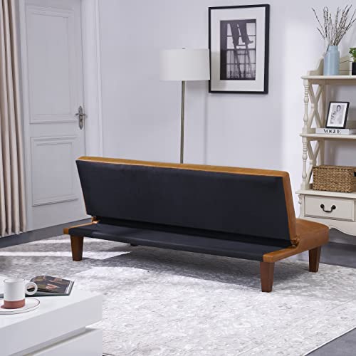 Audrey Living Futon Sofa Bed, Upholstered Modern Convertible Sleeper Sofa Couch Faux Leather for Small Living Room, Apartment, Dorm, Square Legs, 69”W (Tan)