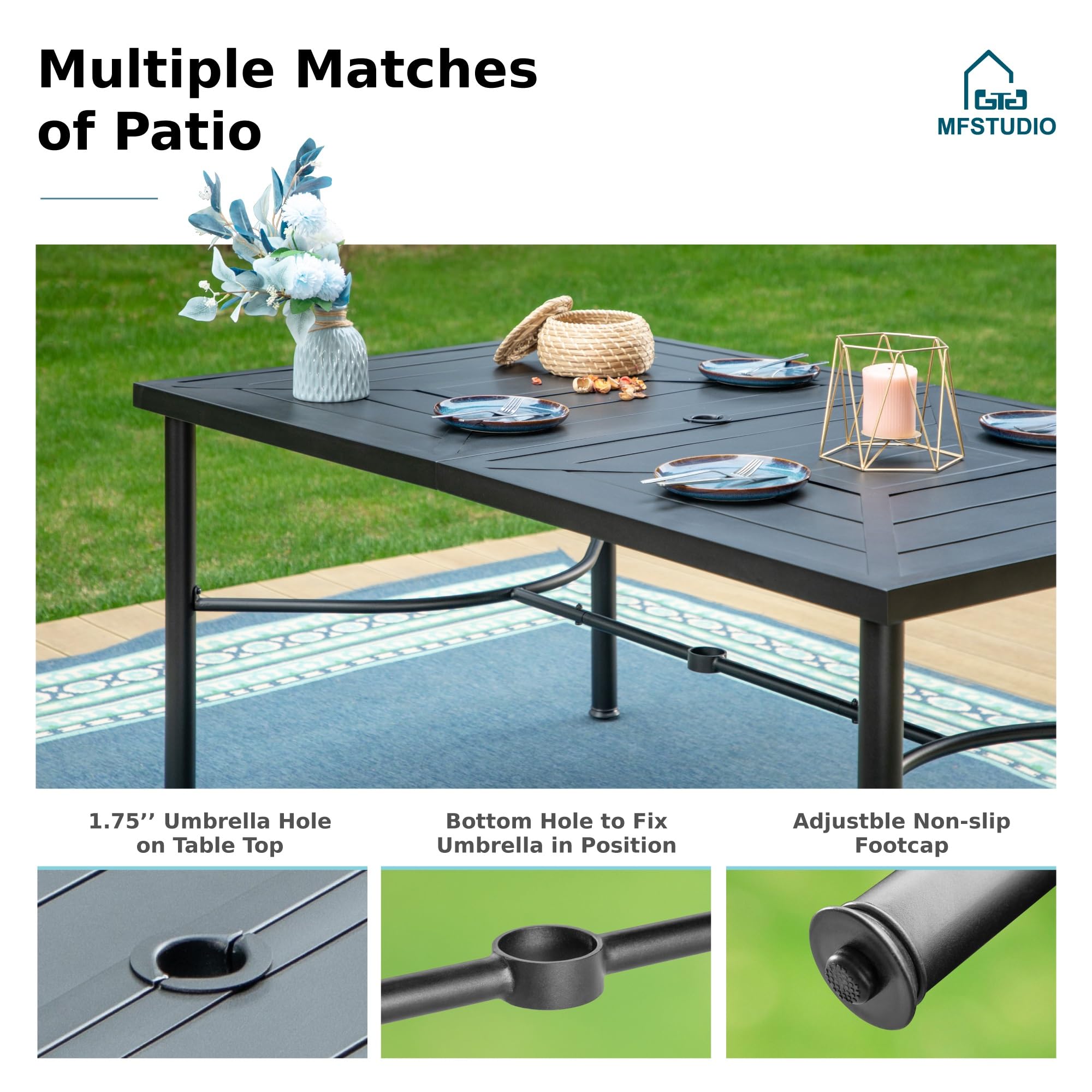 MFSTUDIO 7-Piece Metal Patio Dining Sets with 6 Steel Striped Armrest Chairs and 64" Rectangular Outdoor Dining Table,1.7" Umbrella Hole (Black)