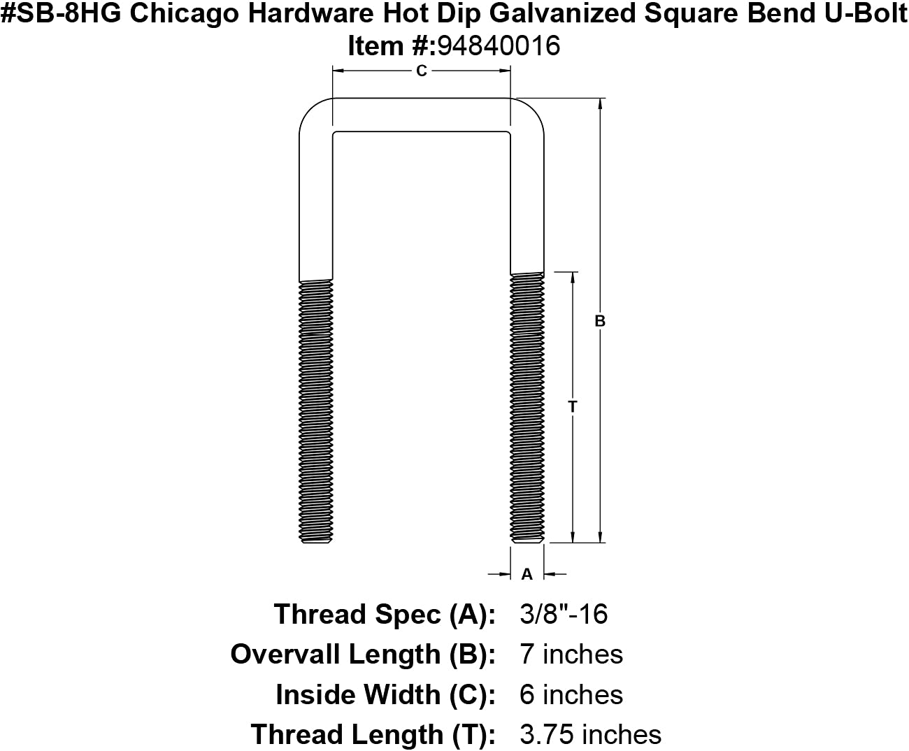 Chicago Hardware, 53440 6, U-Bolt, Square, Low Steel, 3/8-16
