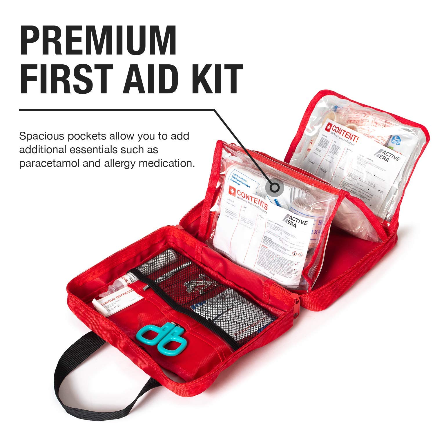 Active Era First Aid Kit - All-Purpose 260 Pieces First Aid Kit for Camping and Hiking with Medical Supplies and Handle - First Aid Kit for Home, Cars