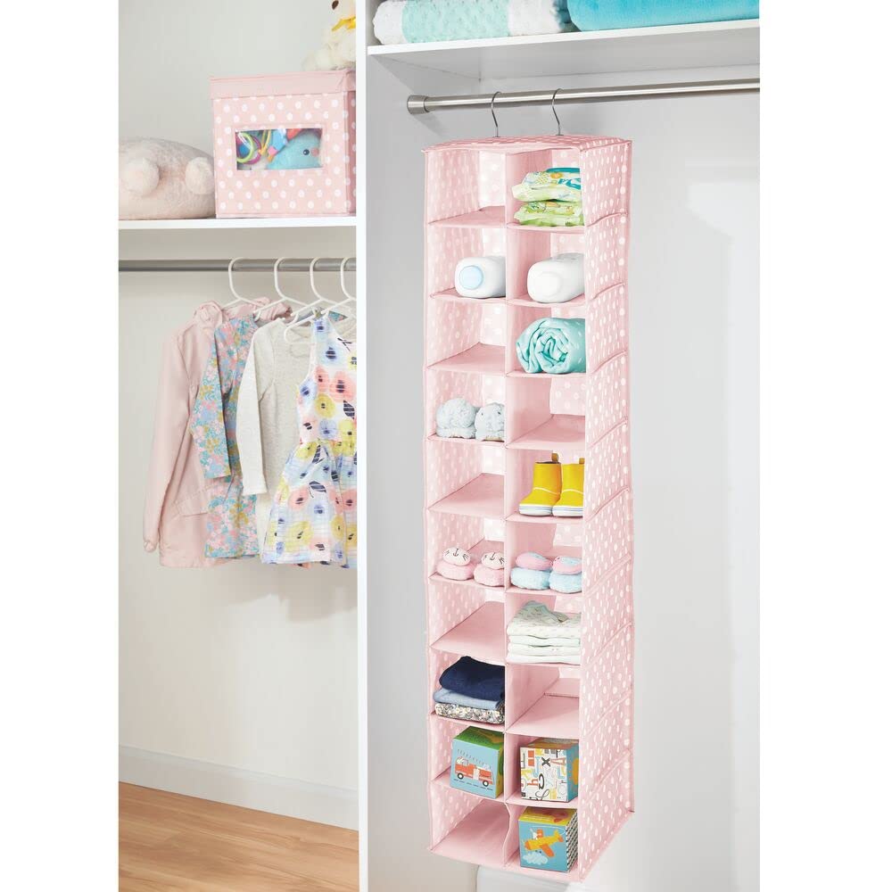 mDesign Soft Fabric Over Closet Rod Hanging Storage Organizer with 20 Shelves for Baby Room or Nursery - Tiered Hanging Organizers - Polka Dot Print - Pink/White