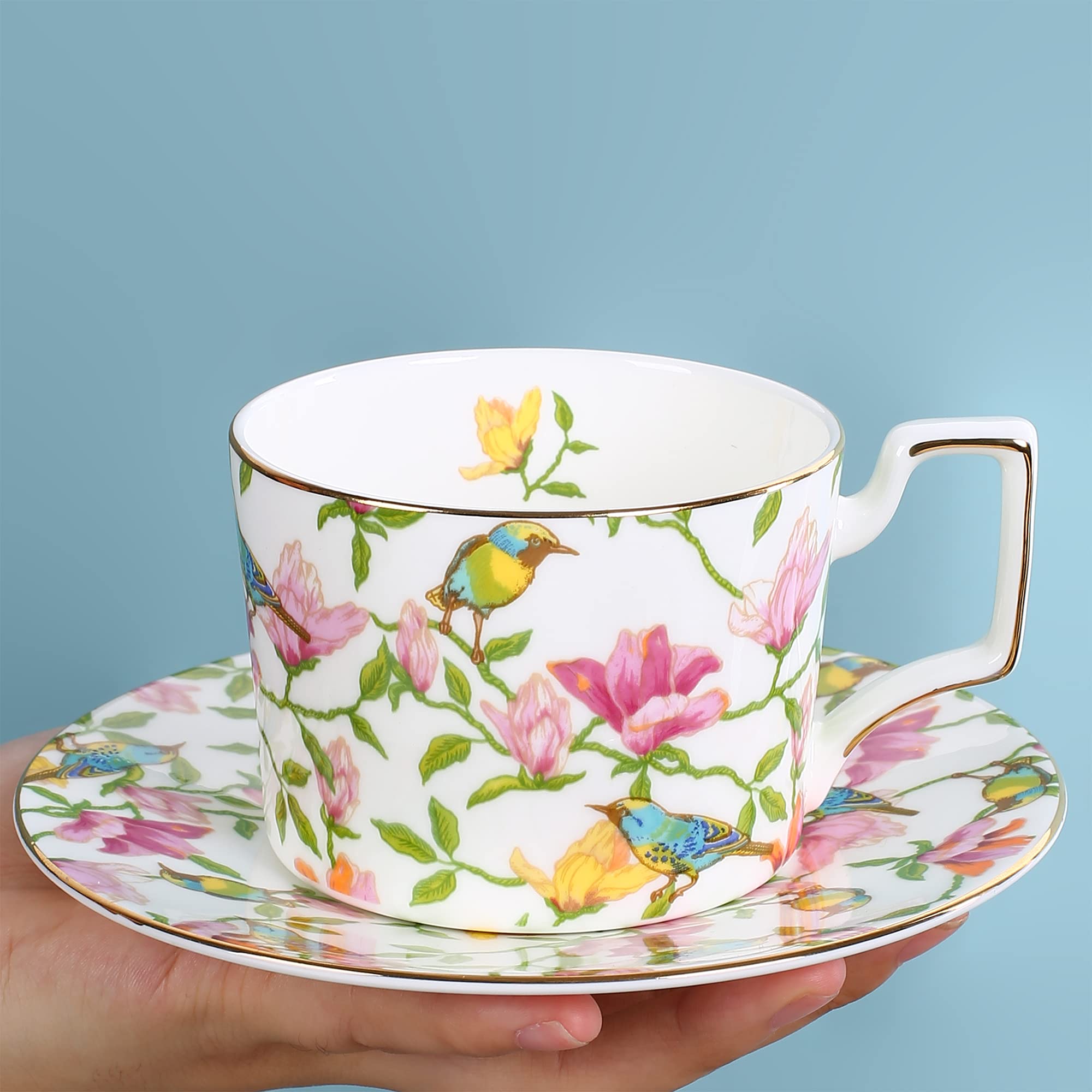9 Ounces Teacup and Saucers Set Vintage Floral Tea Cups Set Bone China TeaCups Coffee Tea Cup for Tea Party Women Mom (White)