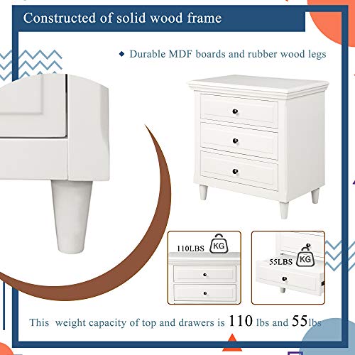 Knocbel 3-Drawer Night Stand, Solid Wood Bedside Nightstand Sofa Side End Table, Fully Assembled, 28.1" H x 27.9" W x 16.9" D (White)
