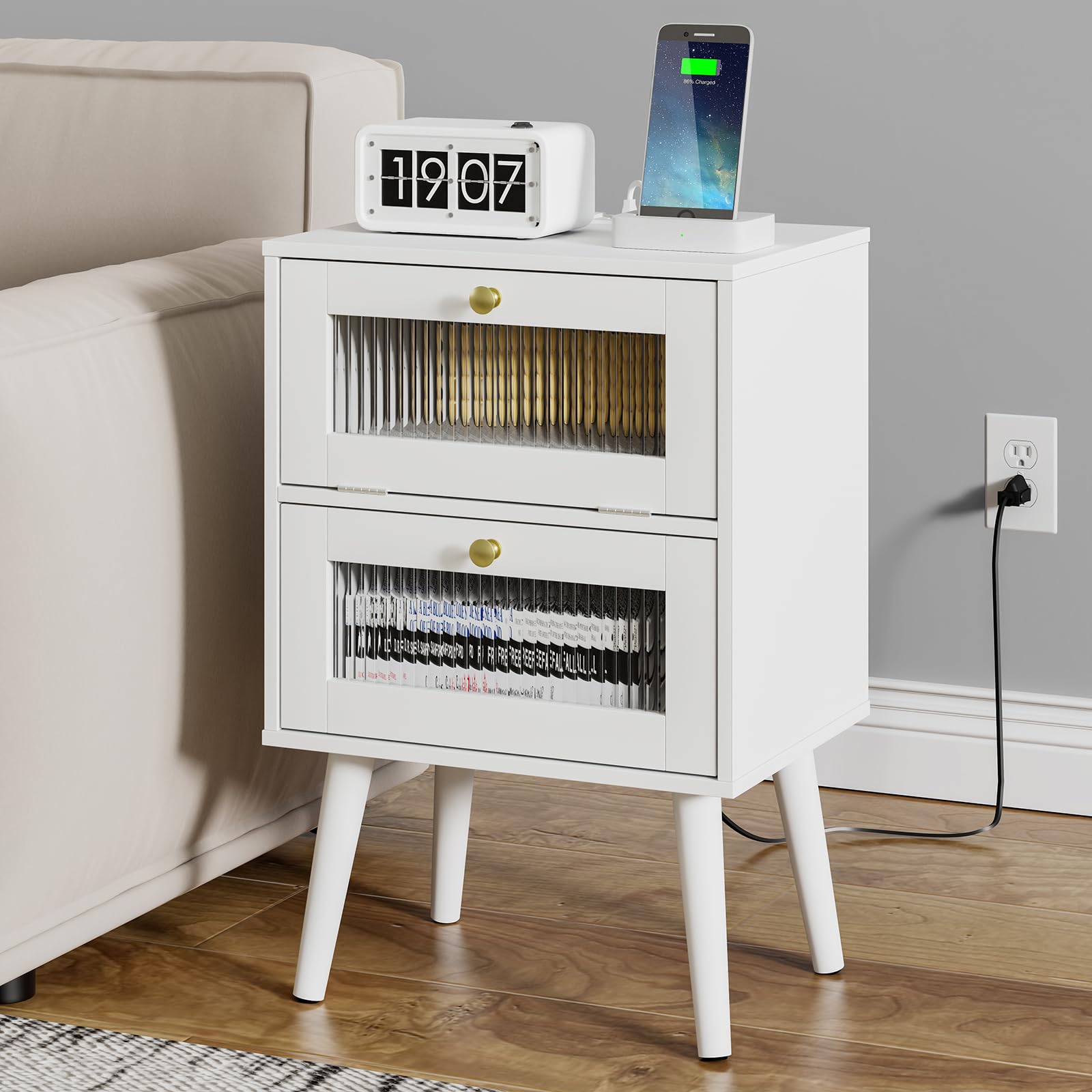 Lomojo Night Stand Set of 2, Nightstand with Charging Station, Mid Century Modern Bedside Table with Glass Decorative Drawer,2 Tiers End Table Side Table with Solid Wood Feet White (Modern, 2)
