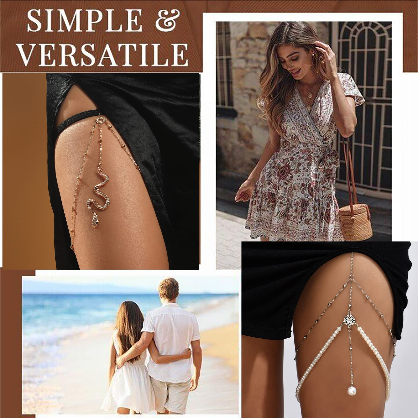 4Pcs Leg Chain Thigh Chain Jewelry for Women Boho Thigh Chain Snake Pearl Coin Crystal Layered Leg Chain Summer Beach Body Chain