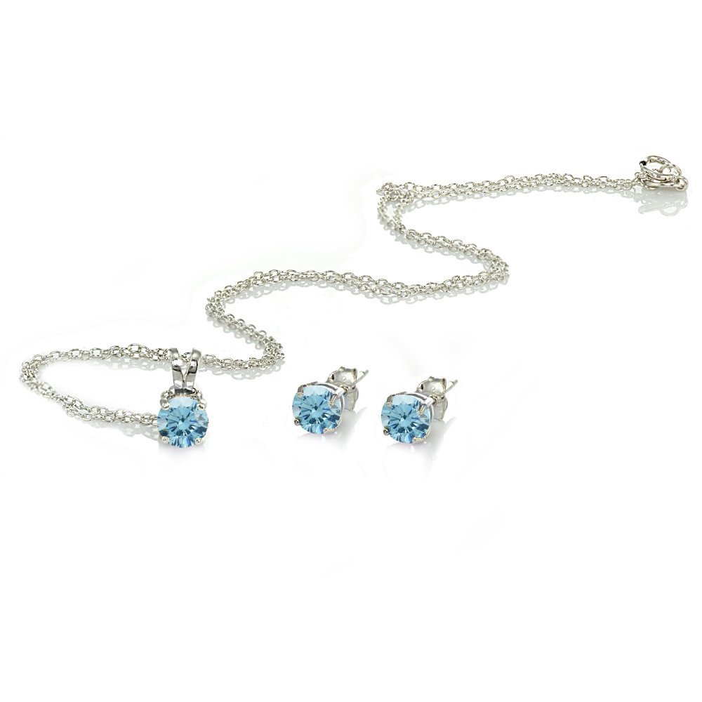 B. BRILLIANT Sterling Silver Solitaire Light Blue European Crystals Necklace & Stud Earrings Jewelry Set for Women | March Birthstone