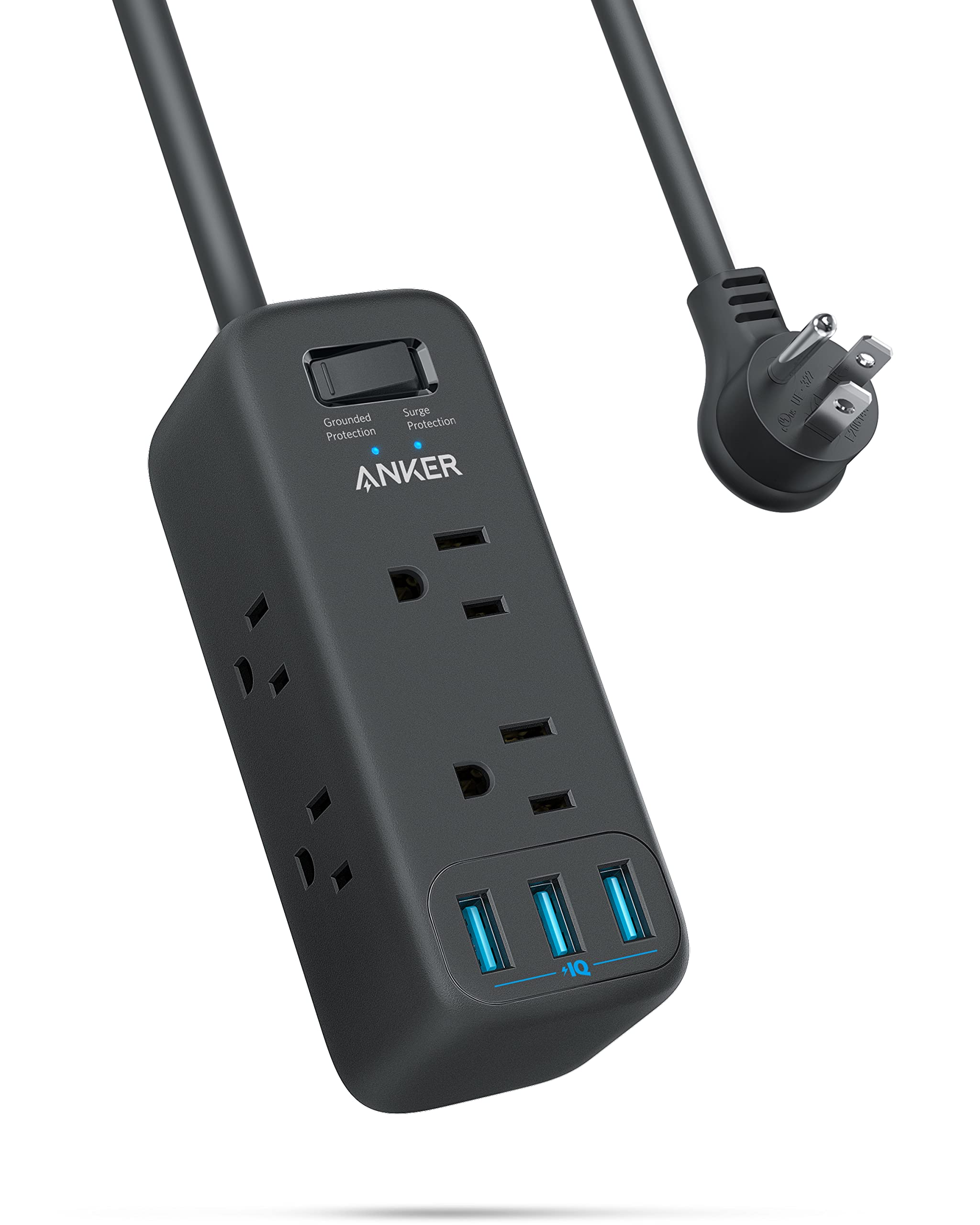 Anker USB Power Strip Surge Protector(300J), 5ft Extension Cord, Flat Plug, 331 Power Strip with 6 Outlets & 3 USB A Ports, Charging Station,for iPhone 15/15 Plus/15 Pro/15 Pro Max,TUV Listed(Black)
