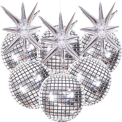 9 Pcs Giant Silver 4D Disco Ball Balloons, 22 Inch Silver Explosion Star Foil Mylar Balloons And 4D Round Metallic Silver Disco Balloons For 70s 80s 90s Disco Theme Party Decorations