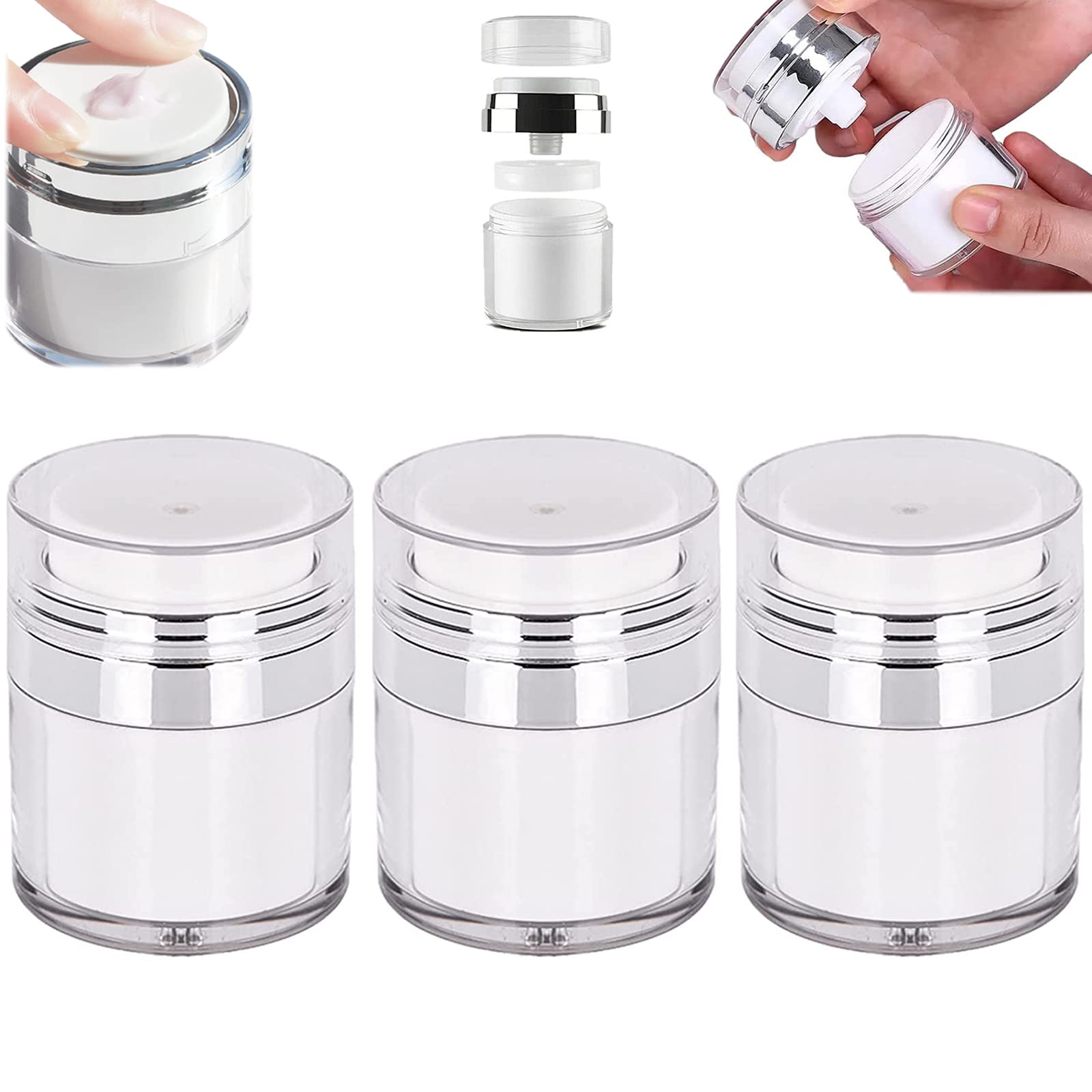 Airless Pump Jars Sets, Face Moisturizer Pump Dispenser Travel Size Pump Bottle Container for Lotion, Empty Airless Cosmetic Container Cream Jar Vacuum Bottle Dispenser Push Down Pump(15ml,30ml,50ml)
