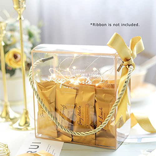 Atenzol Clear Box with Lid Handle (5PCS), 5.5x3x5.5 Candy/Cookie/Favor/Gift Box, Golden Lining, Blank without Writing