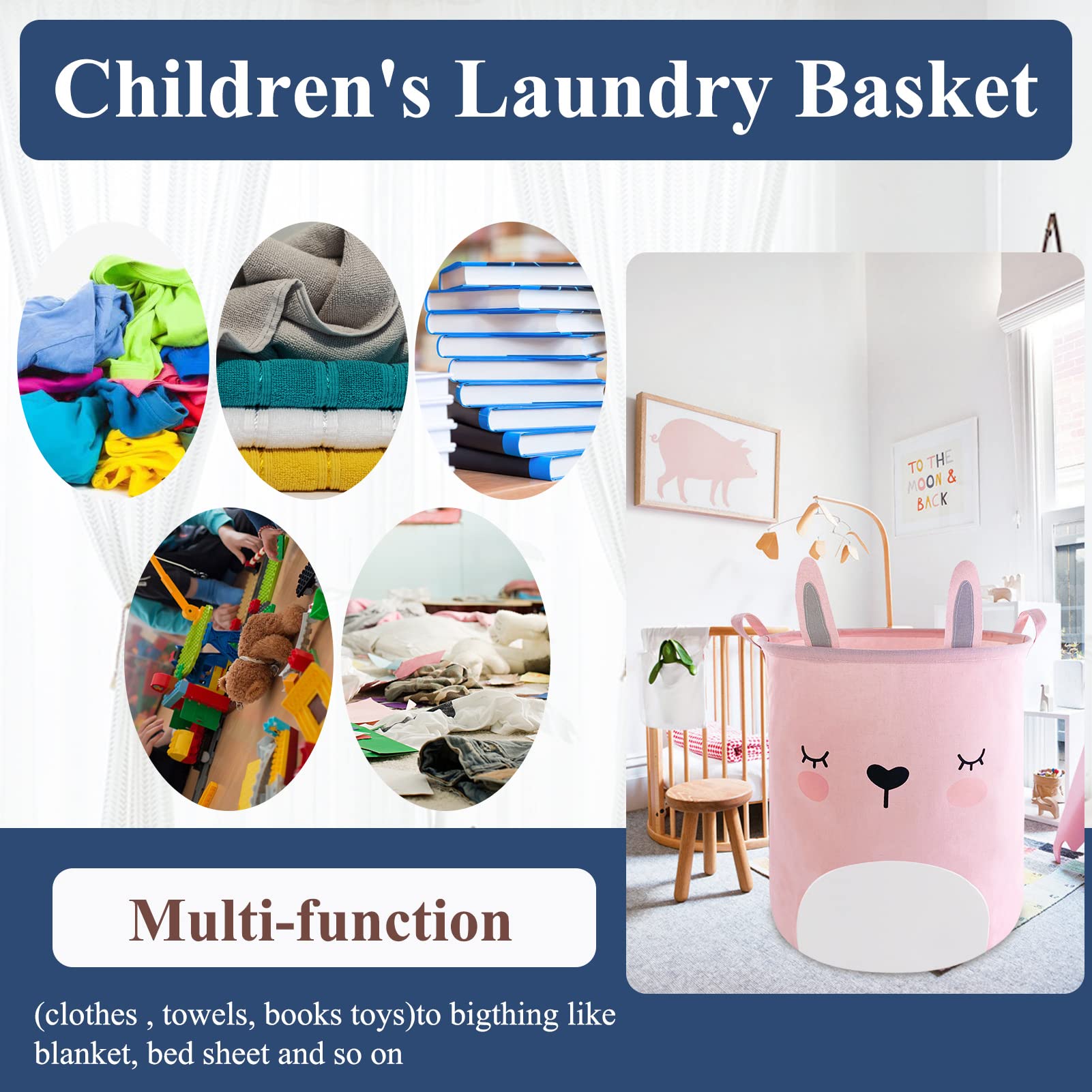 Homele Large Round Storage Basket, Cute Collapsible Laundry Basket Organizers and Storage Bins Foldable Dirty Clothes Basket Nursery Hamper Canvas Fabric Toy Box Decorative Gift Baskets (Pink Rabbit)