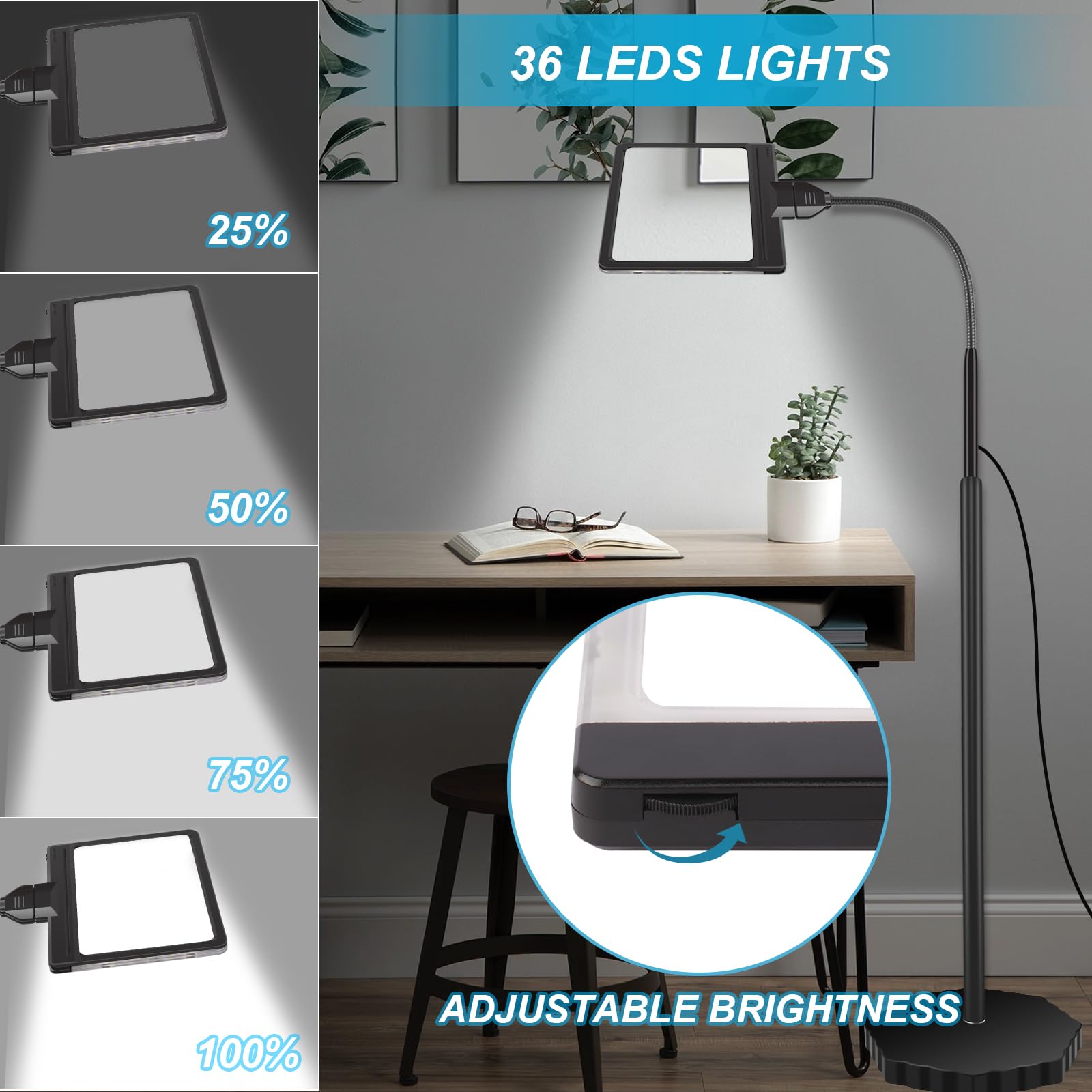 5X Magnifying Glass with Light and Stand, 36 LED Dimmable Floor Magnifying Lamp, 3-in-1 Adjustable Lighted Magnifier for Reading, Sewing, Crafts, Close Work etc